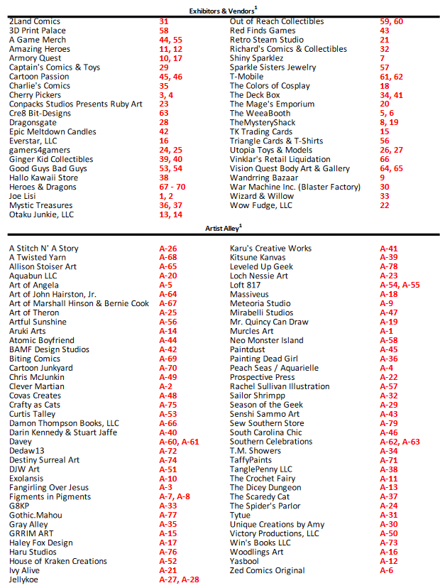 Floorplan & Exhibitor/Artist List | Soda City Comic Con Columbia SC